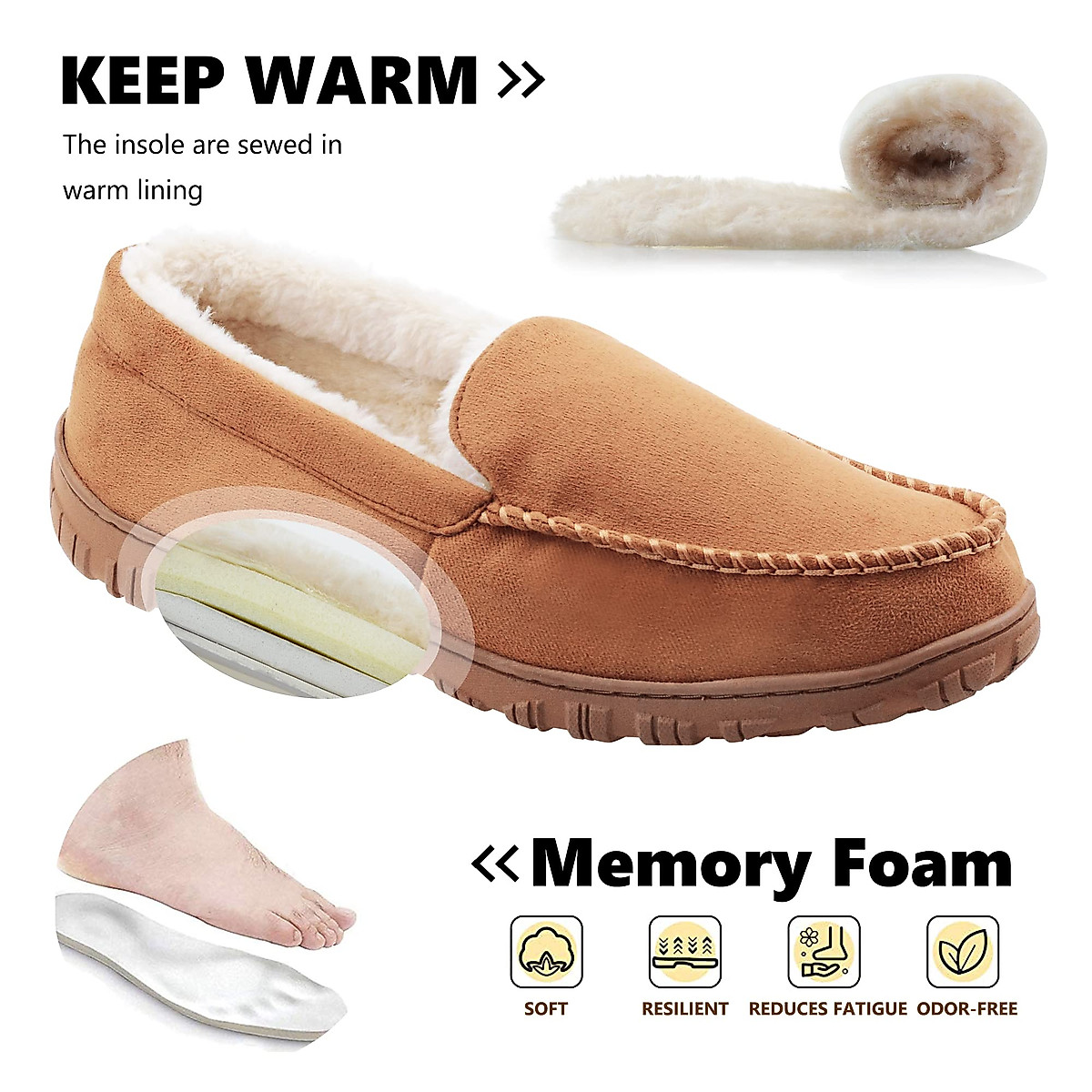 VLLy Slippers for Men Moccasins Slip-on Indoor Outdoor Mens Slippers House Shoes with Memory Foam Beige Size 11 US