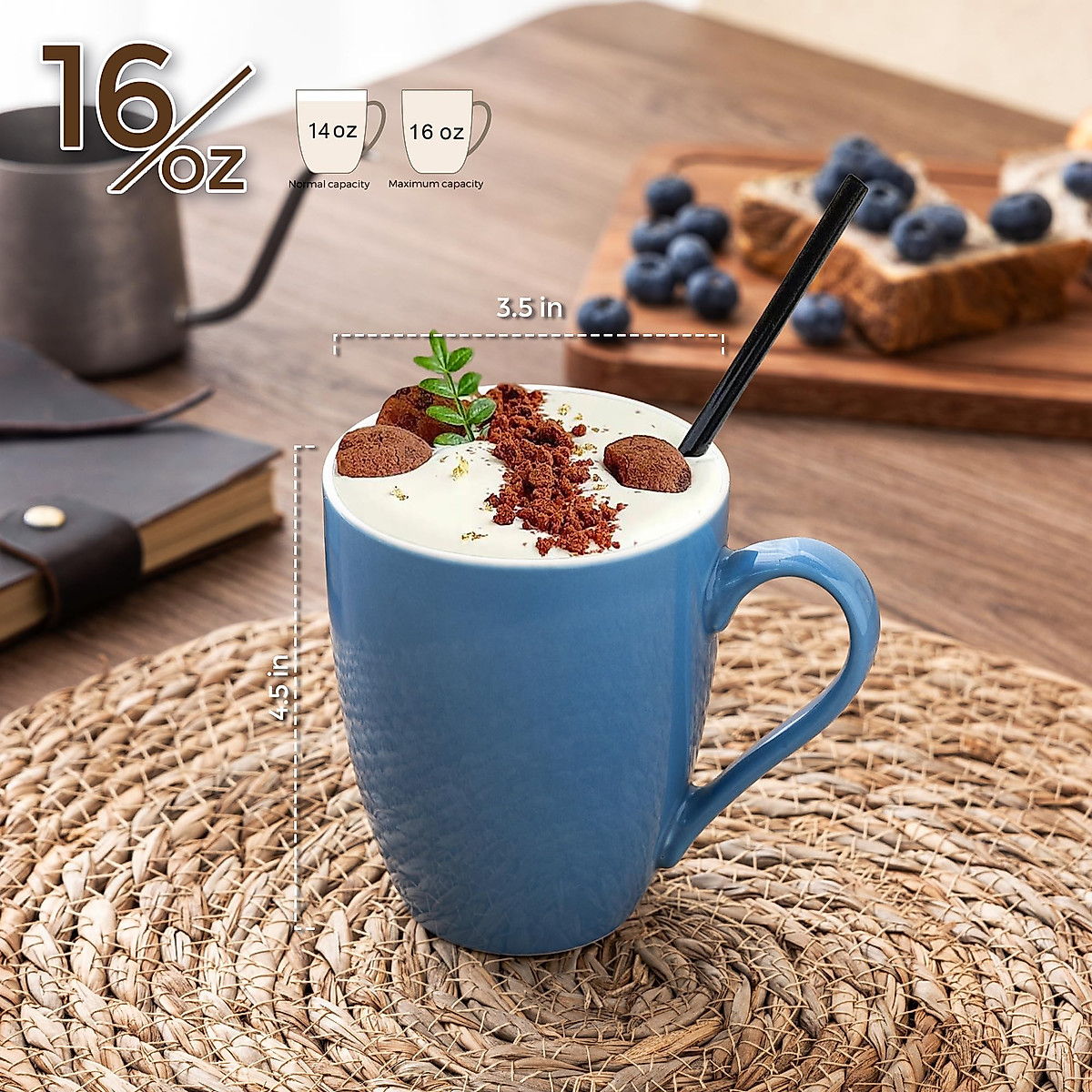 GBHOME Porcelain Coffee Mugs Set, 16 oz Large Coffee Mugs Set of 4 for Dad Mom Women Men, Light Weight Ceramic Coffee Cups for Cappuccino,Latte,Tea,Cocoa, Dishwasher & Microwave Safe, French blue