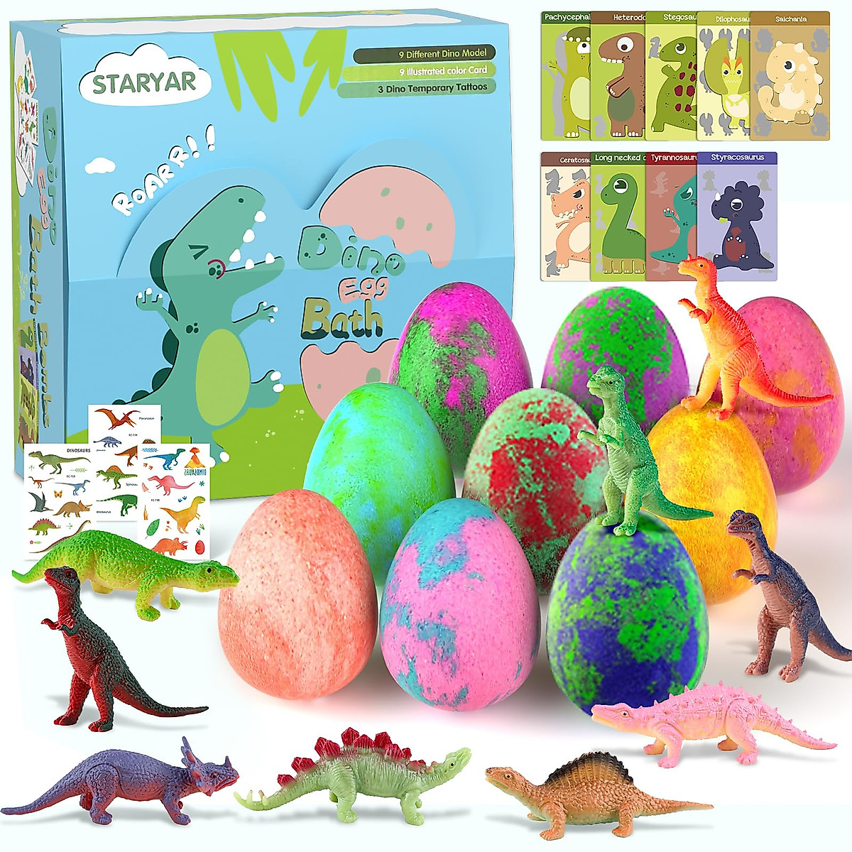 Bath Bombs for Kids with Surprise Toys Inside - 9 Pack Organic Dinosaur Bath Bombs Easter Eggs Gifts, Bubble Bath Fizzers, Dinosaur Toys for Kids 3 4 5 6 7 8 9 Years, Boys Easter Basket Stuffers