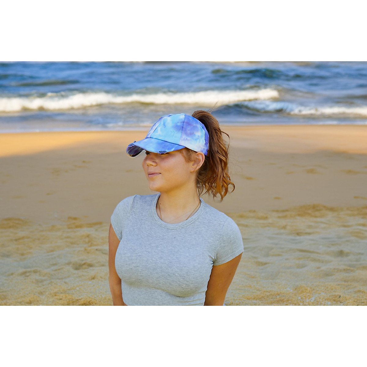 Funky Junque Criss Cross Hat Womens Baseball Cap Distressed Ponytail Messy Bun Trucker Ponycap (1 Tie Dye - Purple Mix)