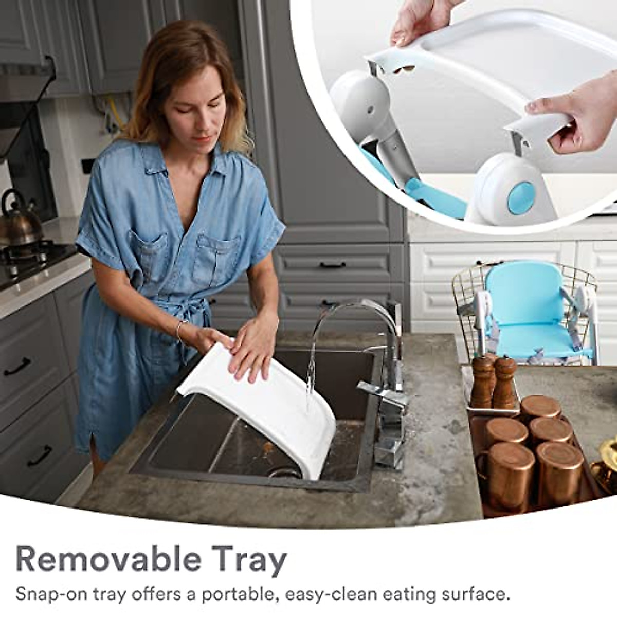 FLIPPA Baby Booster Seat for Dining Table, Folding Portable Booster Chair for Toddlers Eating with Tray and Seat Belt Blue