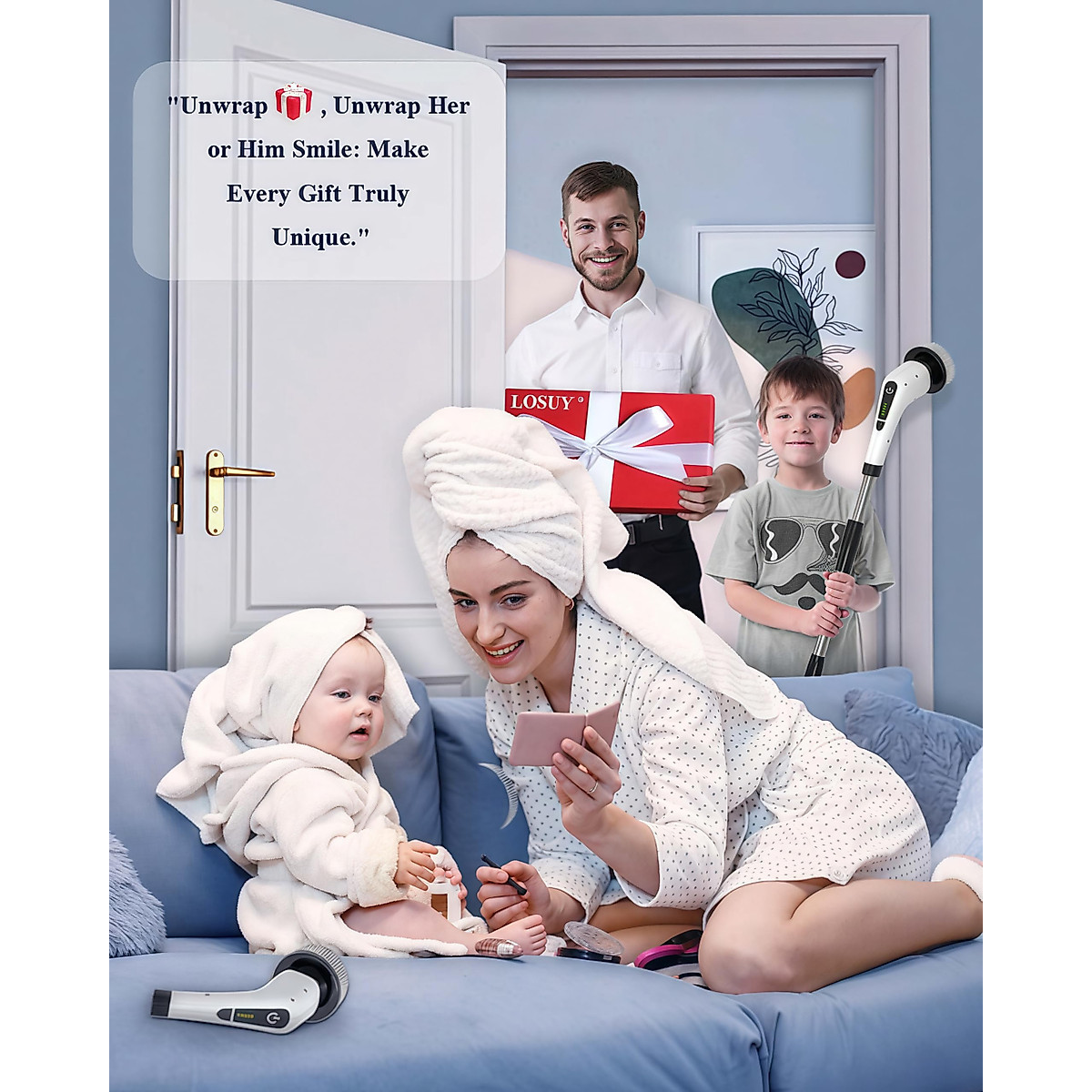 Electric Spin Scrubber, LOSUY Cordless Cleaning Brush with 7 Replaceable Drill Brush Heads and 54 Inch Adjustable Extension Arm, Power Shower Scrubber for Bathroom, Kitchen, Floor, Tile, Tub