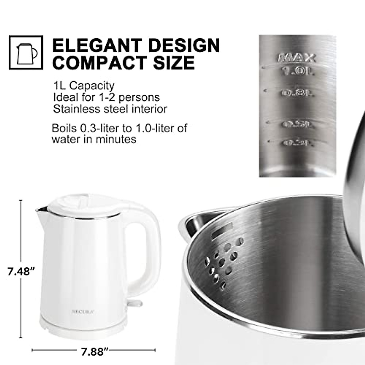Secura Stainless Steel Double Wall Electric Kettle Water Heater for Tea Coffee w/Auto Shut-Off and Boil-Dry Protection, 1.0L (White)
