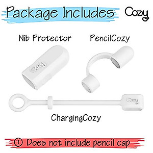 [3-Piece] PencilCozy Combo Pack Cozy The Original Apple Pencil Accessories (Cap Holder/Keeper/Tether) Compatible Apple iPad Pro iPencil Charger/Nib Accessories | Case Friendly Design (White-Combo)