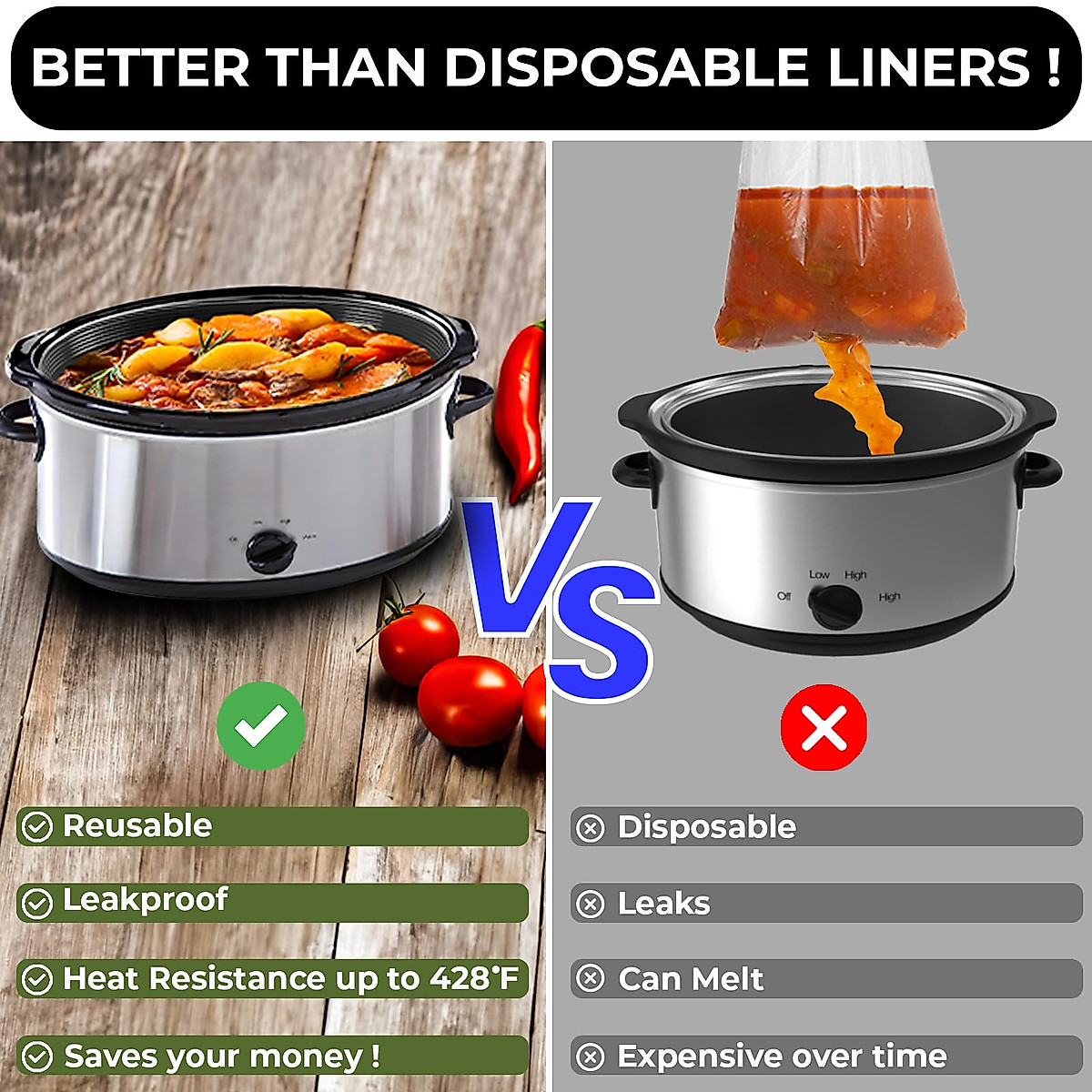 Silicone Slow Cooker Liners for 7-8QT CrockPot and other Oval Slow Cookers - Silicone Crock Pot Liners for 7-8 Quart Crock Pots - Reusable, Leakproof & Food-Grade Silicone Crock Pot Inserts - (Black)