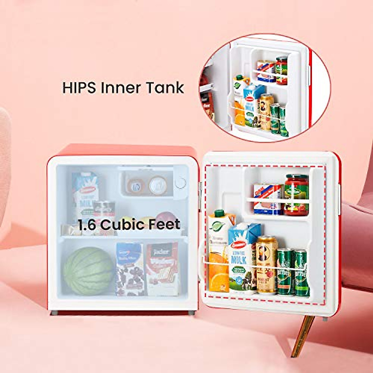 COMFEE 1.6 Cubic Feet Solo Series Retro Refrigerator Sleek Appearance HIPS Interior, Energy Saving, Adjustable Legs, Temperature Thermostat Dial, Removable Shelf, Perfect for Home/Dorm/Garage [Red]