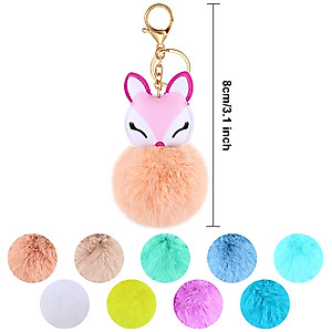 WILLBOND 9 Pieces Animal Pom Pom Keychain Cute Faux Fur Key Ring for Women Girls Bag Accessories