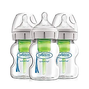 Dr. Brown’s Natural Flow® Anti-Colic Options+™ Wide-Neck Glass Baby Bottles 5 oz/150 mL, with Level 1 Slow Flow Nipple, 3 Pack, 0m+