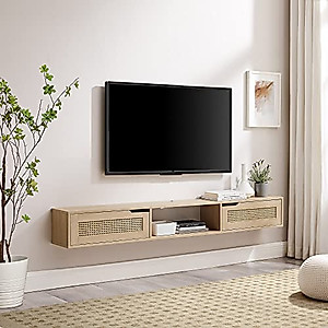 Walker Edison Modern Rattan Flip-Down-Door Wall-Mounted Floating Stand for TVs up to 80 Inches, 70 Inch, Coastal Oak