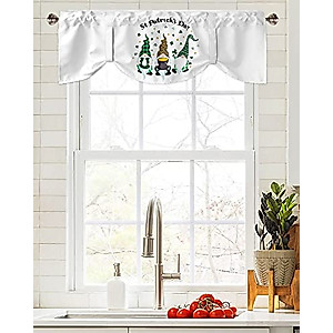Semi-Sheer Kitchen Valances for Windows, Adjustable Tie Up Valances Curtains Light Filtering, St Patrick's Day White Background Shamrock Gnomes and Gold Coin Elegant Window Toppers Valances 42x12in