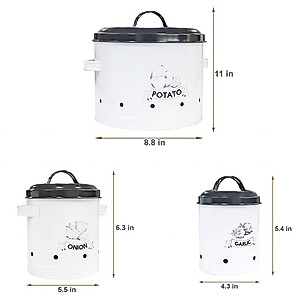 SOTECH Potato Onion Garlic Storage Bin with Lid Set of 3 Kitchen Pantry Organizer and Tin Vegetable Keeper Ventilated Vintage Grey and White Farmhouse Metal Containers Keeps Vegetables Fresh