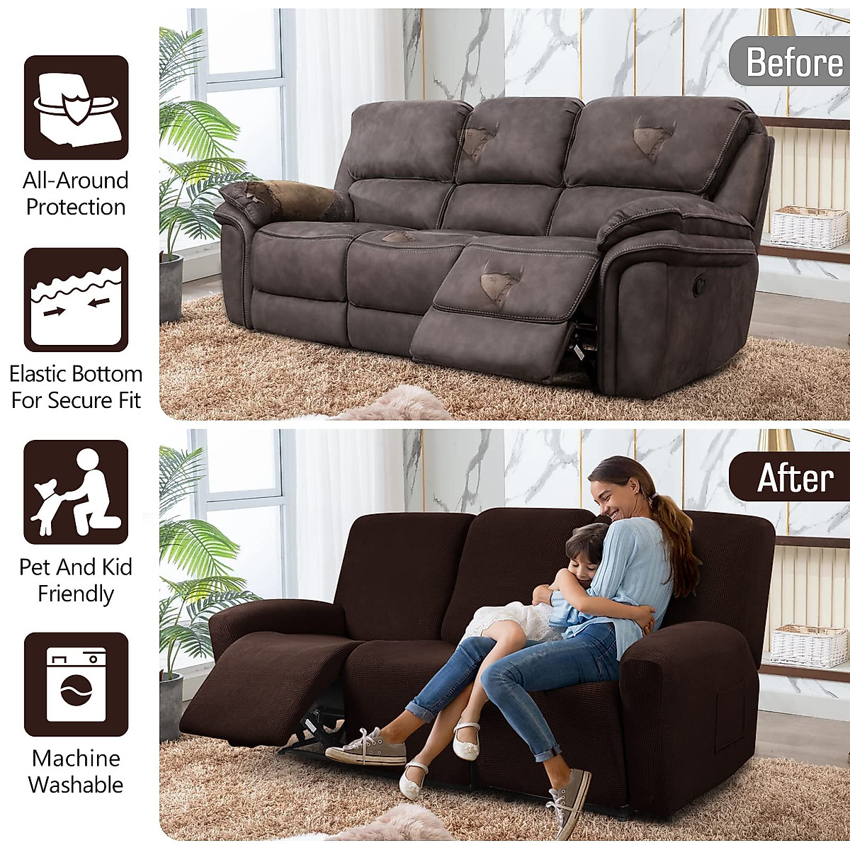 TAOCOCO Recliner Couch Covers for 3 Seat, 8-Pieces Stretch Large Couch Covers for 3 Seats Reclining Slipcovers Soft Jacquard Pattern Furniture Protector, Chocolate