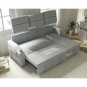 Ucloveria Sectional Sofa Couch, 82" Sleeper Sofa Bed with Reversible Storage Chaise Pull Out Couch Bed for Living Room L-Shape Lounge 2 in 1 Futon Sofa with Two Cup Holder, Grey