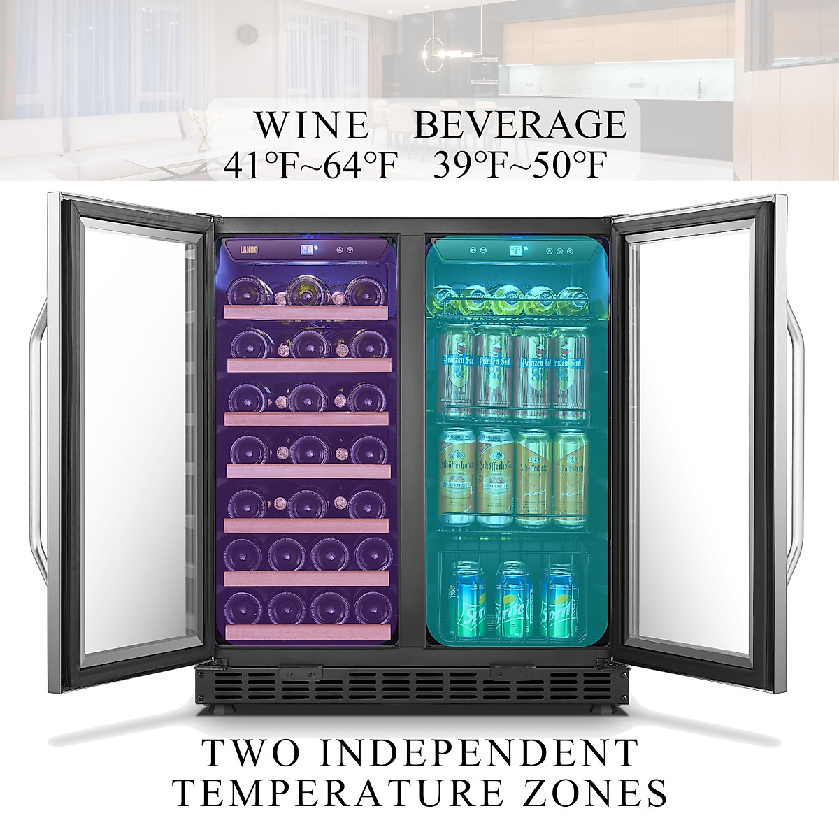 Lanbo Wine Cooler Refrigerator, 30 Inch 33 Bottle and 70 Can Under Counter Beverage Fridge with Stainless Steel Glass Door, Safety Lock and Digital Memory Touch Control