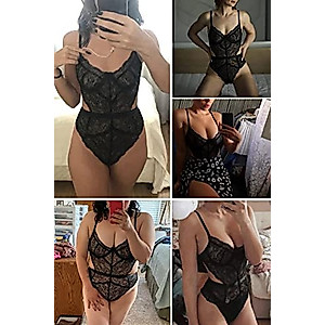 Aranmei Women Sexy Lingerie Bodysuit Lace Teddy Snap Crotch V Neck One Piece Babydoll Underwire(Black Small)