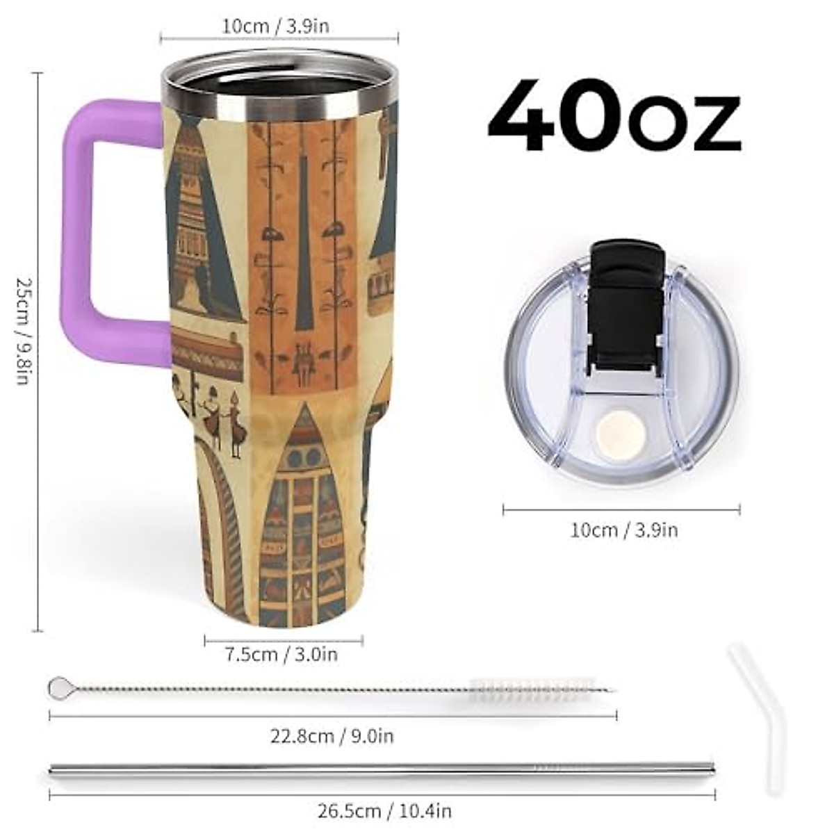 LLUTSNTH 40 Oz Vacuum Tumbler with Violet Handle Leakproof Insulated Tumbler Ancient Egypt Tribe Series Stainless Steel Travel Mug with Lid And Straw Coffee Cup Cute Water Bottles Cup Holder Friendly