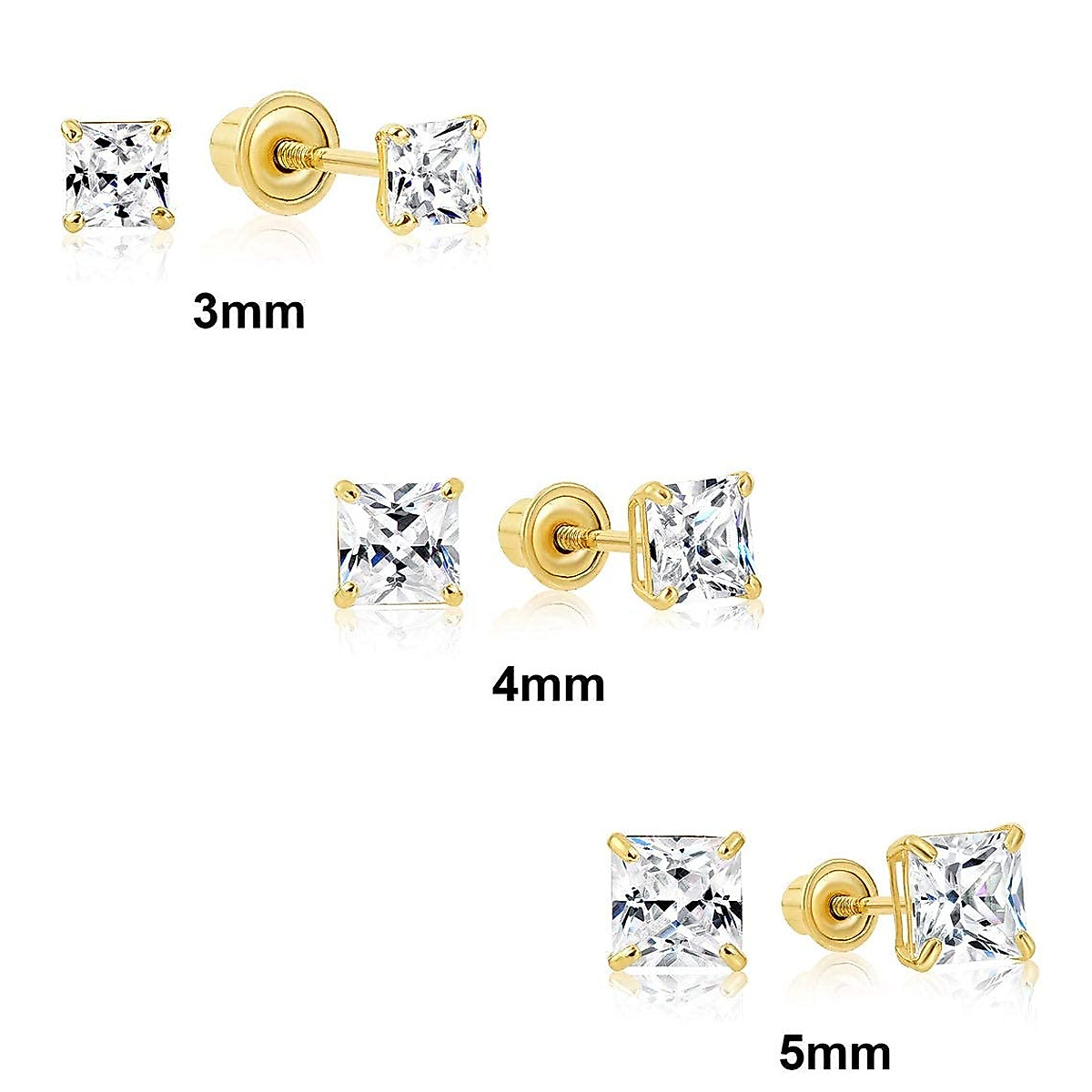 14k Yellow Gold Solitaire Square Princess-cut CZ Stud Earrings with Secure Screw-backs (4mm)…