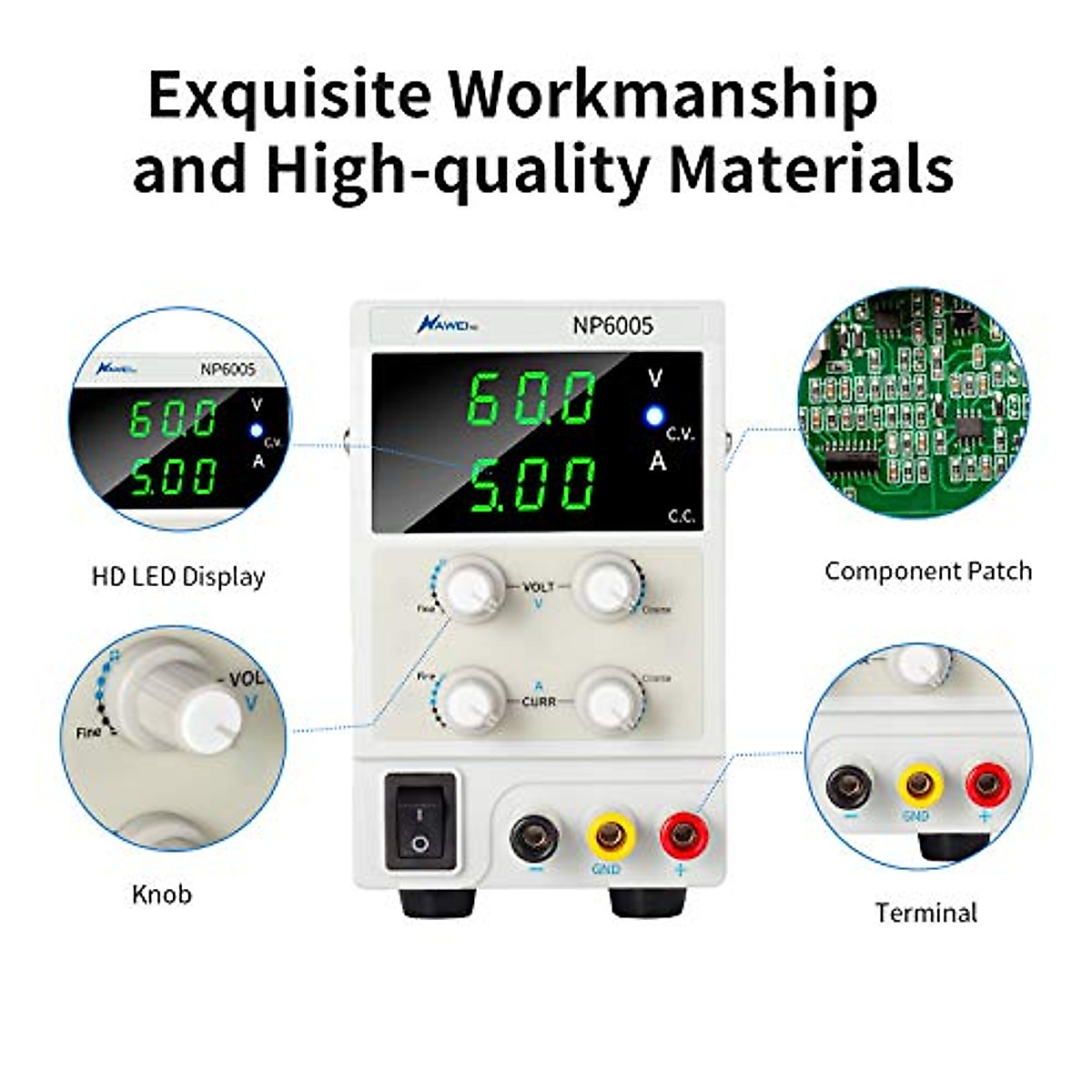 60V 5A DC Bench Power Supply Variable 3-Digital LED Display with CC/CV Mode- Free Alligator Leads for Repair, Lab, DIY Tool, Electronic Research, Powering Ebike, Tinkering