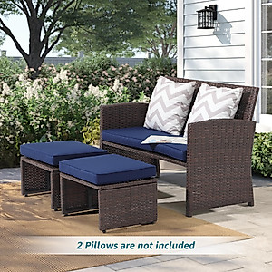 OC Orange-Casual Outdoor Loveseat 3 Piece Patio Furniture Set Outdoor Conversation Set All-Weather Wicker Love Seat with Ottoman/Side Table, Brown Rattan, Blue