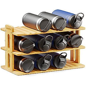 SpaceAid Bamboo Water Bottle Organizer with Labels, Kitchen Pantry Water Bottle Storage Rack for Cabinets, Home Cup and Wine Bottle Holder Shelf Organizers, (3-Tier, Hold 12 Bottles)