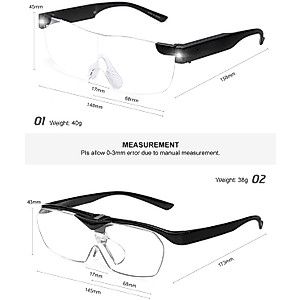 SKYWAY 160% Magnifying Glasses with LED Light, Rechargeable Lighted Magnifier Eyeglasses for Reading Small Prints Labels, Close Work, Needlepoint Sewing Crafts Hobbies Hands Free 2-Pack 1.6X