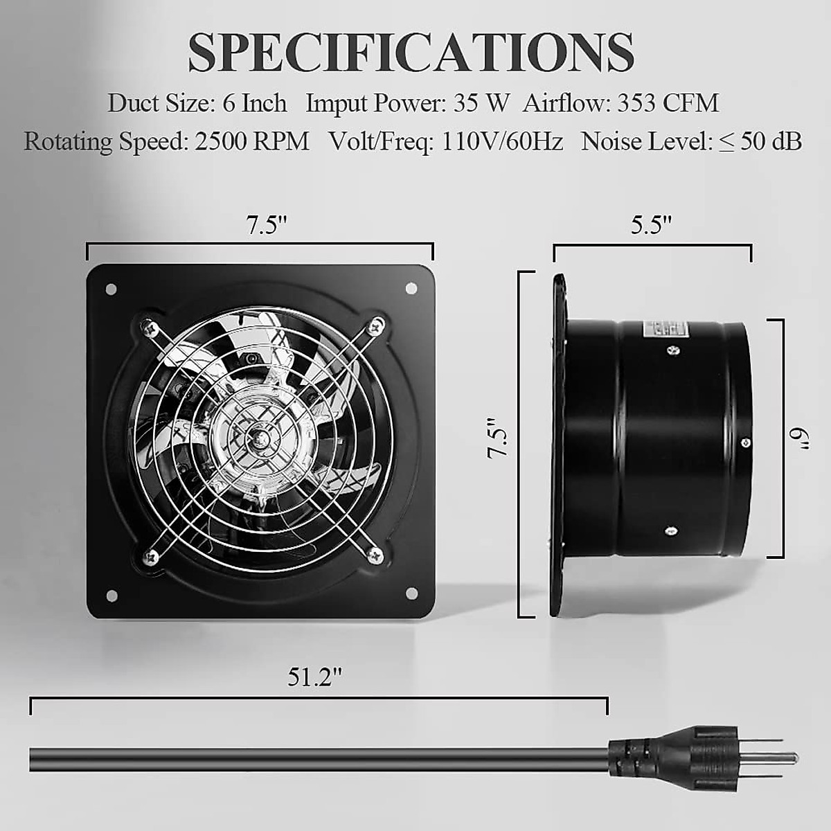 WiseWater 6 Inch Exhaust Fan, 110 V Wall Mounted Exhaust Fan, Low Noise 353 CFM Extractor with Variable Speed Controller for Kitchen, Bathroom, Smoking Room, Garage, Greenhouse, Attic, Farm
