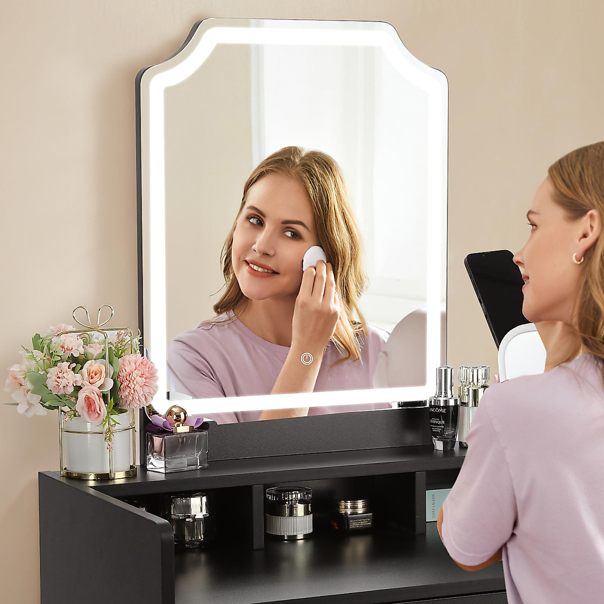 VOWNER Makeup Vanity Desk with Lighted Mirror, 3 Color Dimmable Vanity Table Set for Bedroom with Power Outlet, Drawer & Cushioned Stool, Black, VOWNER-172