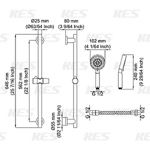 KES Shower Slide Bar Handheld Shower Head with Hose, 5-Function Hand Shower with Wall Mount Slide Bar Set Brushed Finish, F204-BS+KP501B-BN
