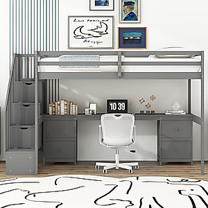 Harper & Bright Designs Twin Size Loft Bed with Storage Stairs and Built-in Desk, Wood Twin Loft Bed with Double Storage Drawers, Space Saving Junior Loft Bed for Kids Girls Boys, Grey