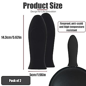 2 Pack Silicone Pan Handle Sleeve, Heat Resistant Cast Iron Skillet Handle Covers for Pots and Pans, Assist Handle Holder Grip for Kitchen Frying Griddles Cookware (Black)
