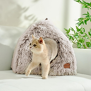 CATISM Cat Bed, Cat Cave for Indoor Cats, Soft Cat Dome, Self-Warming 2 in 1 Foldable Pet Cat House with Washable Cushioned Pillow Calming Fluffy Dog Beds for Small Dogs with Anti-Slip Bottom Brown