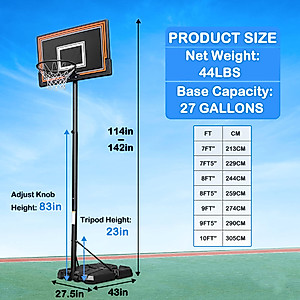 Portable Basketball Hoop Goals Outdoor Indoor Basketball Court w/Canasta de Basketball Backboard & Wheels & Fillable Base 7-10ft Adjustable Height Removeable Weather-Resistant for Youth Adult