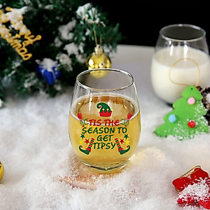 Tis the Season to Get Tipsy Christmas Stemless Wine Glass, Christmas Gift Wine Glass for Friends Dad Mom Women Men Family Christmas Holiday Wedding, 15 Oz