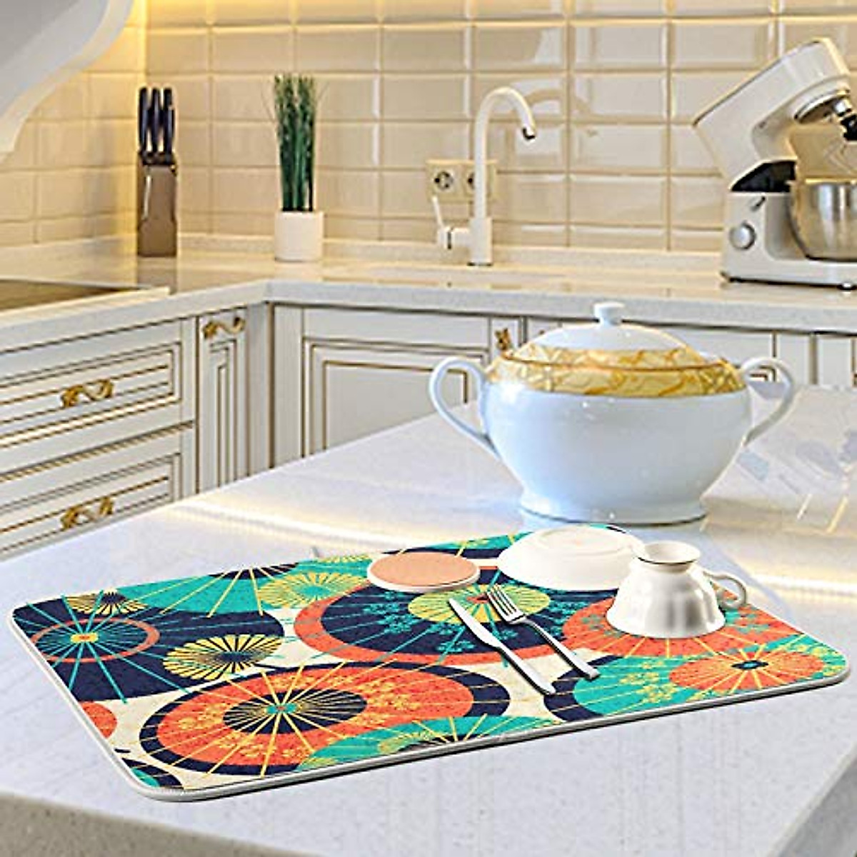 Japanese Theme Umbrella Dish Drying Mat 16"x18" Absorbent Machine Washable Hanging Fast Dry Pad Dish Protective Mat for Kitchen Countertop Heat Resistant Dinner Table Mat