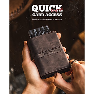 DUGRAFT Card Holder Wallet with ID Window, Leather Mens RFID Blocking Minimalist Pop-Up Wallet Aluminum Metal Credit Card Case with Banknote Compartment