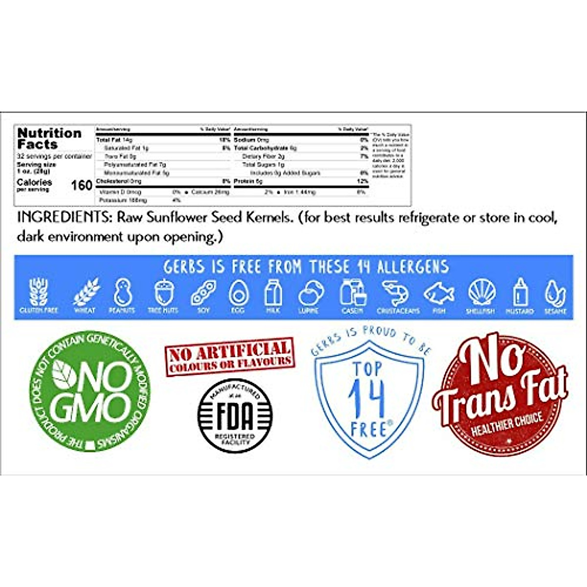 GERBS Raw Sunflower Seed Kernels No Shell 2 lbs., Hulled, Top 14 Allergy Free Foods, Healthy Superfood Snack, Non GMO, No Oils, No Preservatives, Resealable Bag, Gluten & Peanut Free, Vegan, Keto, Kosher