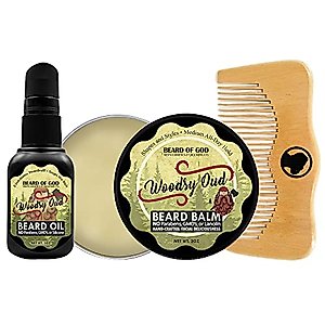 Woodsy Oud - 1 oz. Beard Oil, 2 oz. Balm Conditioner, Wood Comb & Travel Case - Natural, Organic & Handcrafted in USA