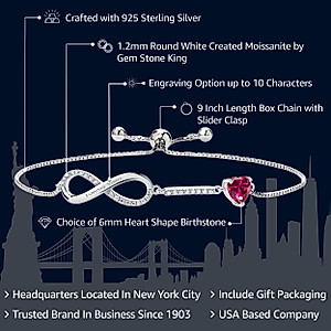 Gem Stone King 925 Sterling Silver Heart Shape 6MM Gemstone Birthstone and White Moissanite Infinity Tennis Bracelet For Women Fully Adjustable Up to 9 Inch