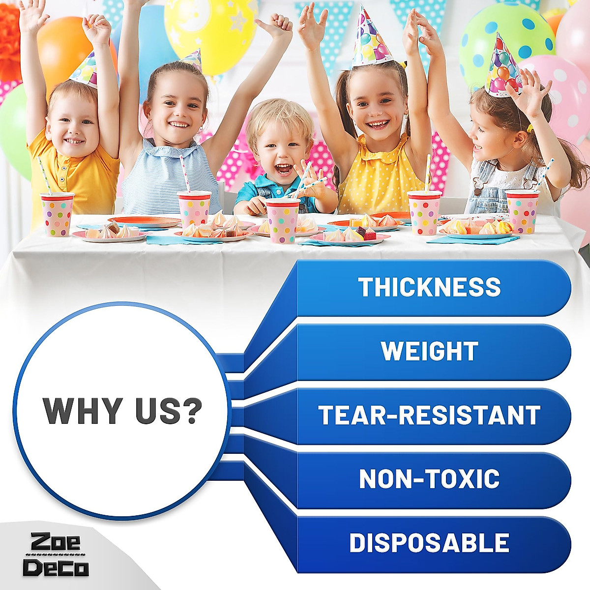 Zoe Deco Plastic Tablecloth (12 Pack, 84" Diameter, Round White Table Cloth), Disposable Table Covers for Parties, Graduations & Picnics, Table Protectors