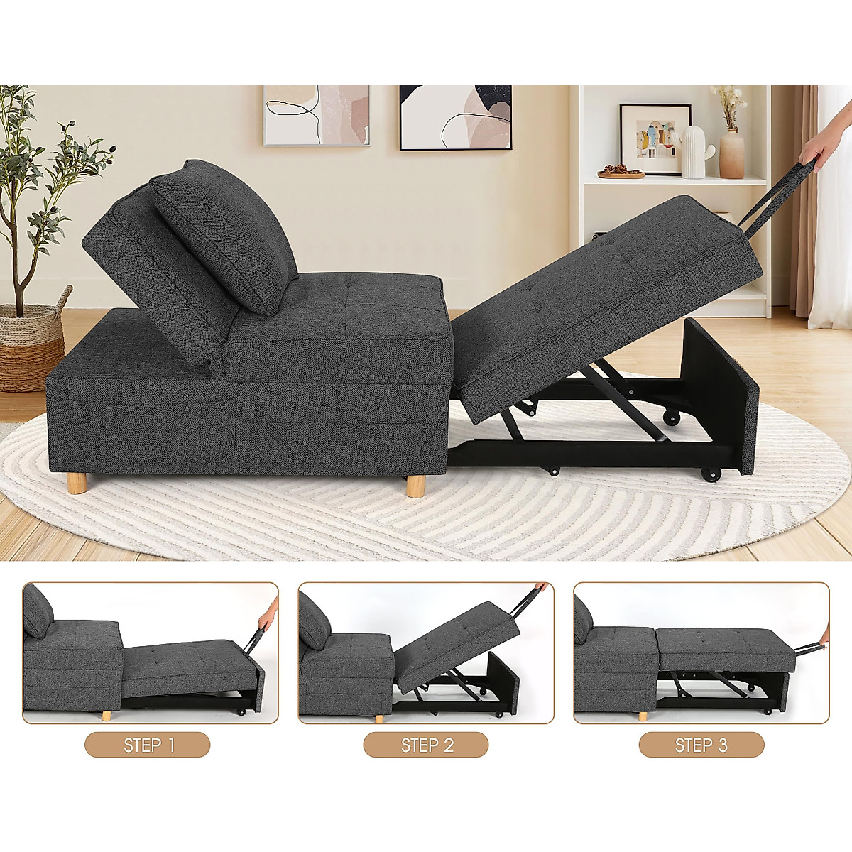SEJOV Sleeper Sofa Chair Bed,4-in-1 Convertible Sofa Bed Chair with 6 Adjustable Backrest and Pillow, 3-Seat Pull Out Sleeper Bed Linen Fabric Modern for Bedroom Small Space Living Room Office, Black