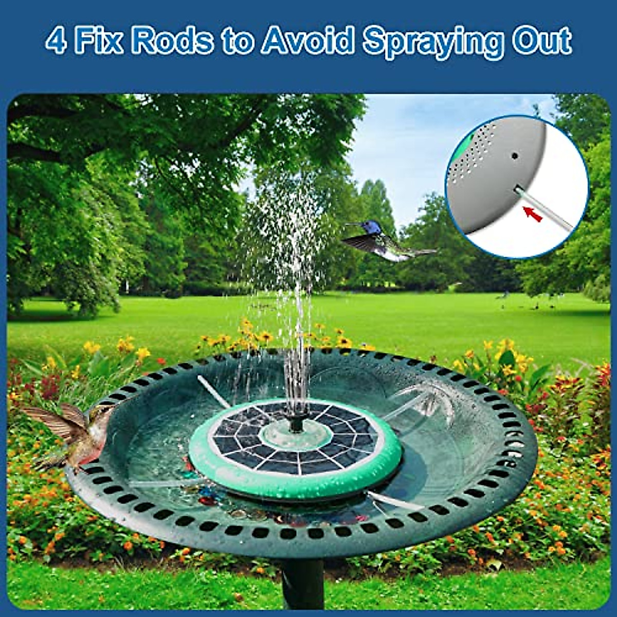 GAIZERL Solar Fountain 2023 Upgrade, 5W Solar Powered Glass Cover Bird Bath Fountains, Garden Water Feature Pump with Color Lights, 4000 Battery, 7 Nozzles, 4 Fixed Pipes for Pool, Pond & Outer Decor