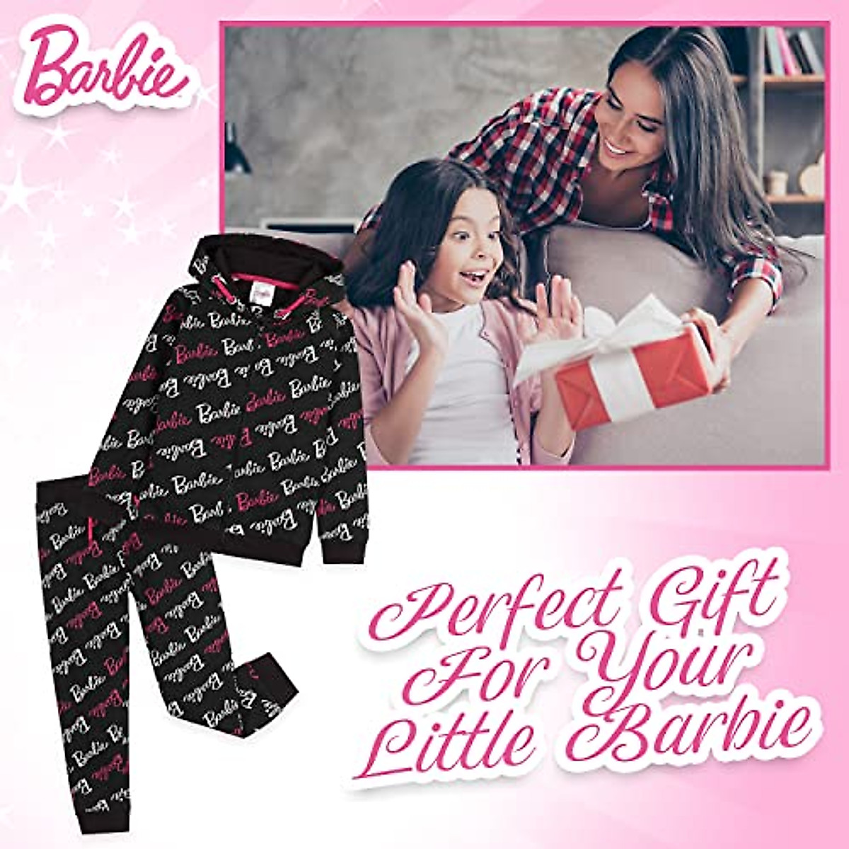 Barbie Loungewear Set, Comfy Cotton Clothes for Girls, Officially Licensed Outfit for Girls, Hoodie and Joggers Set, Black, Ages 7 to 8