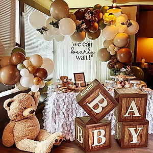 Wood Grain Printing Baby Shower Display Boxes Party Decorations, Neutral Gender Reveal Party Backdrop, Brown Teddy Bear Baby Stacking Blocks Backdrop with Letters for Boy Girl Birthday Party
