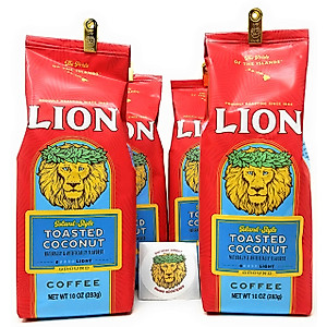 Lion Coffee TOASTED COCONUT, Ground, Light Roast, Four 10 Ounce Bags with Exclusive Lion Coffee Factory Direct Brand Registered Sticker, ISLAND-STYLE (pack of 4)
