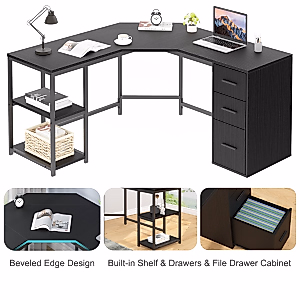 LVB Black L-Shaped Desk with File Drawers Cabinet, Reversible Corner Executive Computer Desk with Storage Shelves, Modern Large Work Study Writing Gaming L Shape Desk for Home Office Bedroom, 60 Inch