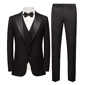 Mgnaie Men Black Suits Slim Fit Wedding 3 Piece Tux Groomsmen Prom Blazer Jacket Vest Pants with Tie Men Suit Set