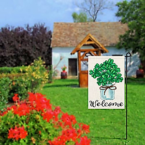 Welcome Green Lucky Shamrocks St Patricks Day Garden Flag 12x18 Inch Double Sided Burlap, Seasonal Sign Yard Outdoor Decorations DF187