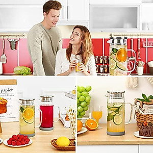 CUCUMI 2pcs 35oz Glass Water Pitcher with Stainless Steel Lid and Spout, 1 Liter Glass Carafe with Handle Heat Resistant Glass for Iced Tea, Coffee, Milk, Juice