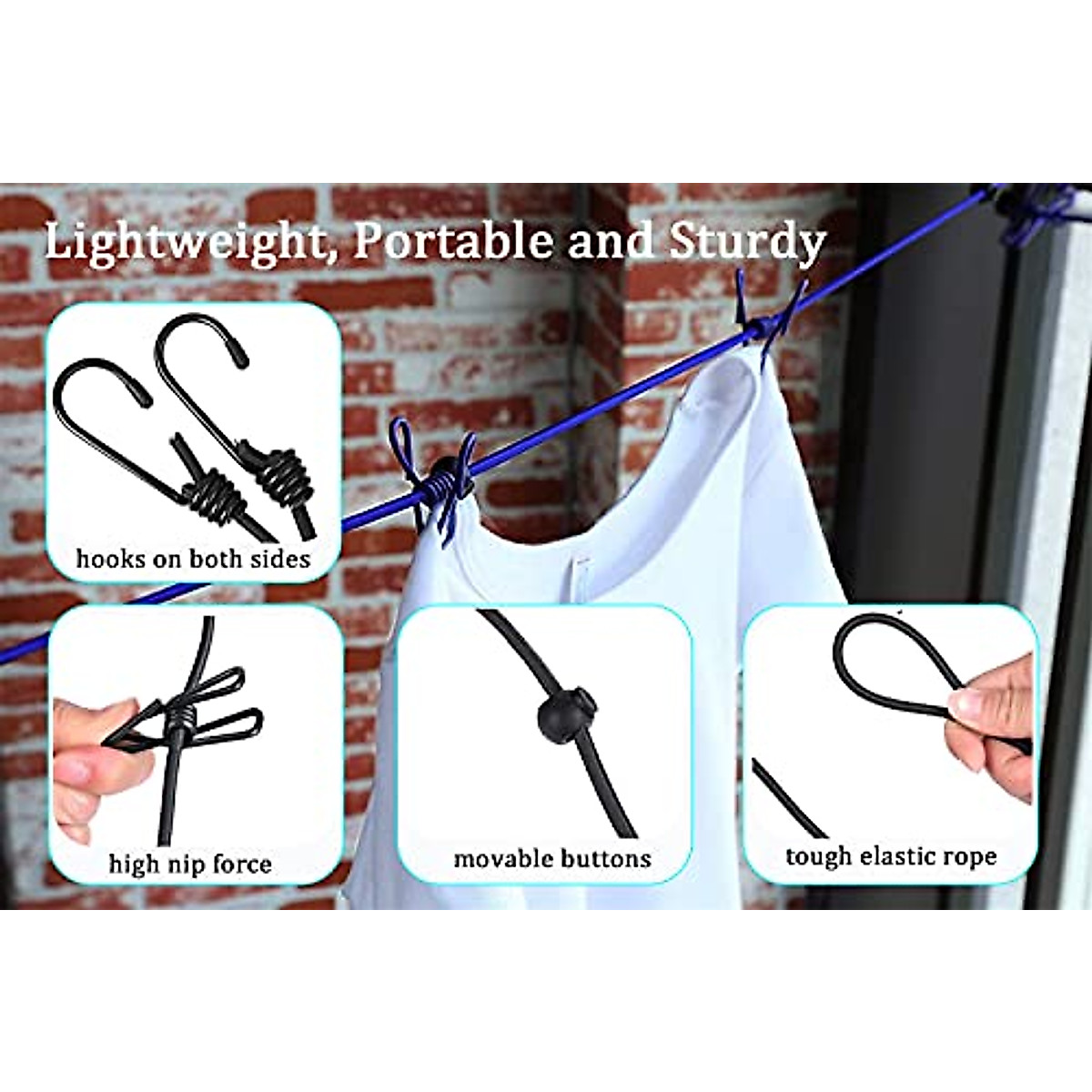 Portable Elastic Travel Clothesline with 12pcs Clothespins Travel Gadgets, 10 Clothespins, Retractable Elastic Laundry Clothes Line for Backyard, Vacation Hotel, Balcony Clothes Drying Line(Black)