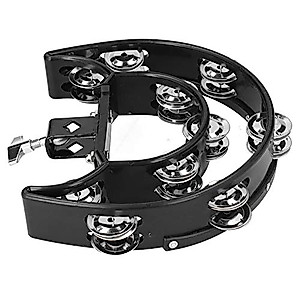 Hand Held Double Row Tambourine, Metal Jingles Half Moon Hi Hat Tambourine with Mounting Bracket for Drummers Guitarists